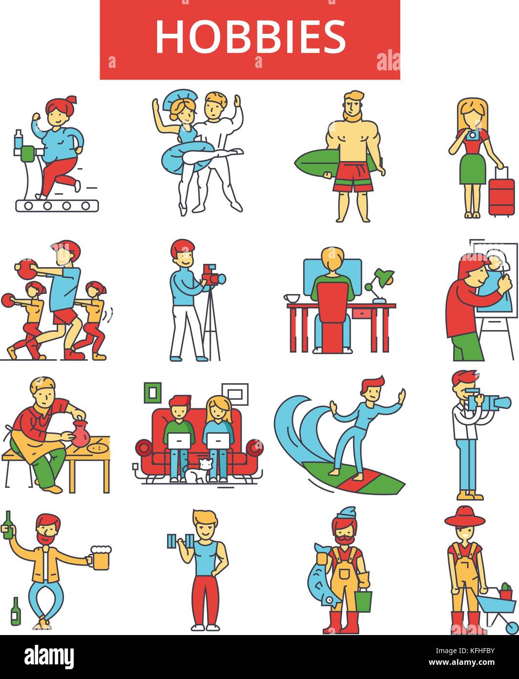 Hobbies illustration, thin line icons, linear flat signs, vector ...