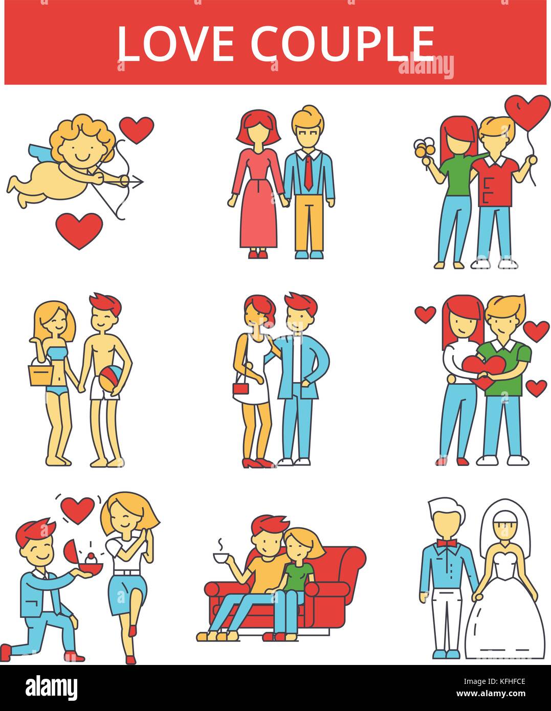 Love couple illustration, thin line icons, linear flat signs, vector ...