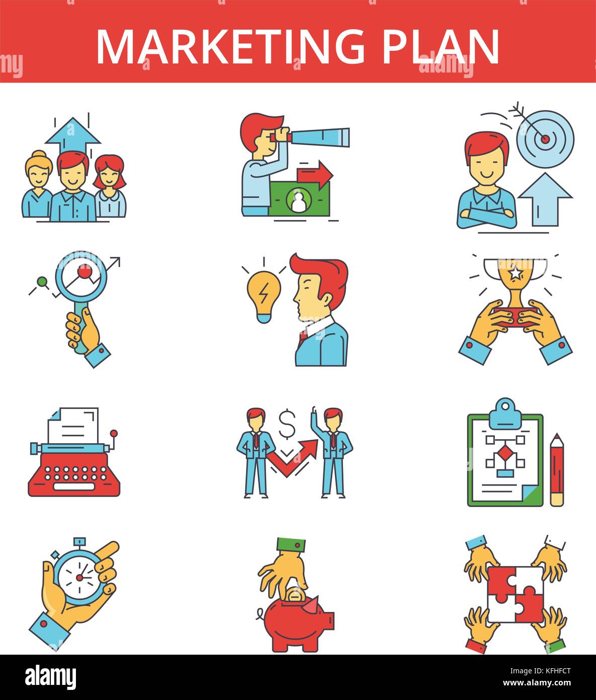 Marketing plan illustration, thin line icons, linear flat signs, vector ...