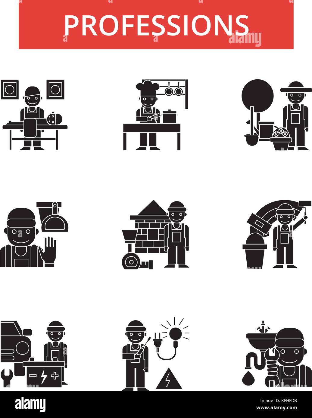 Professions illustration, thin line icons, linear flat signs, vector ...