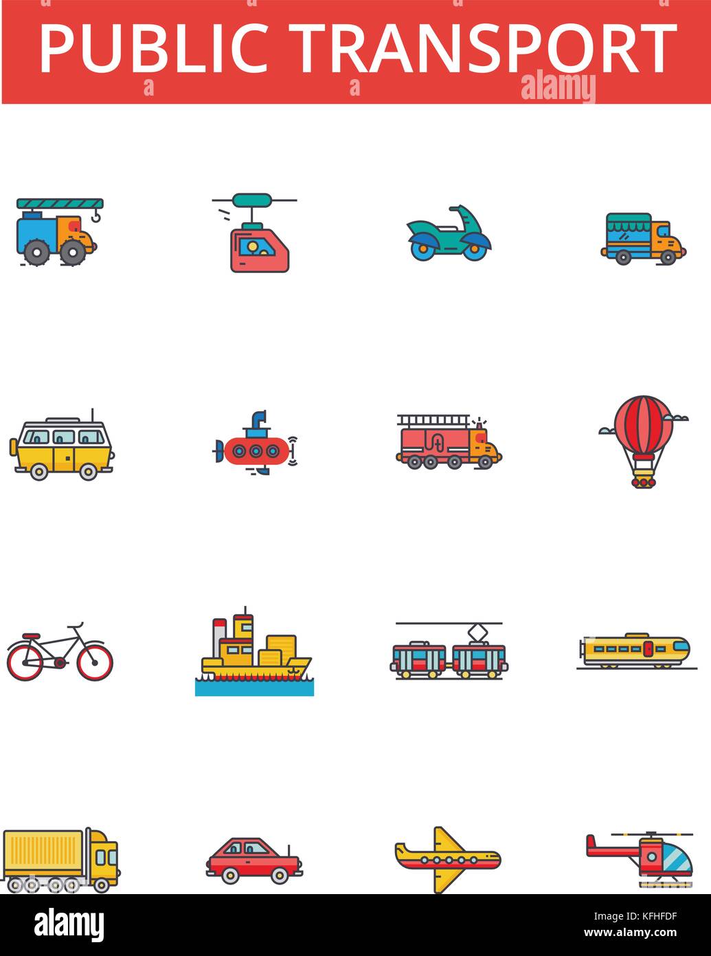 Public transport illustration, thin line icons, linear flat signs ...