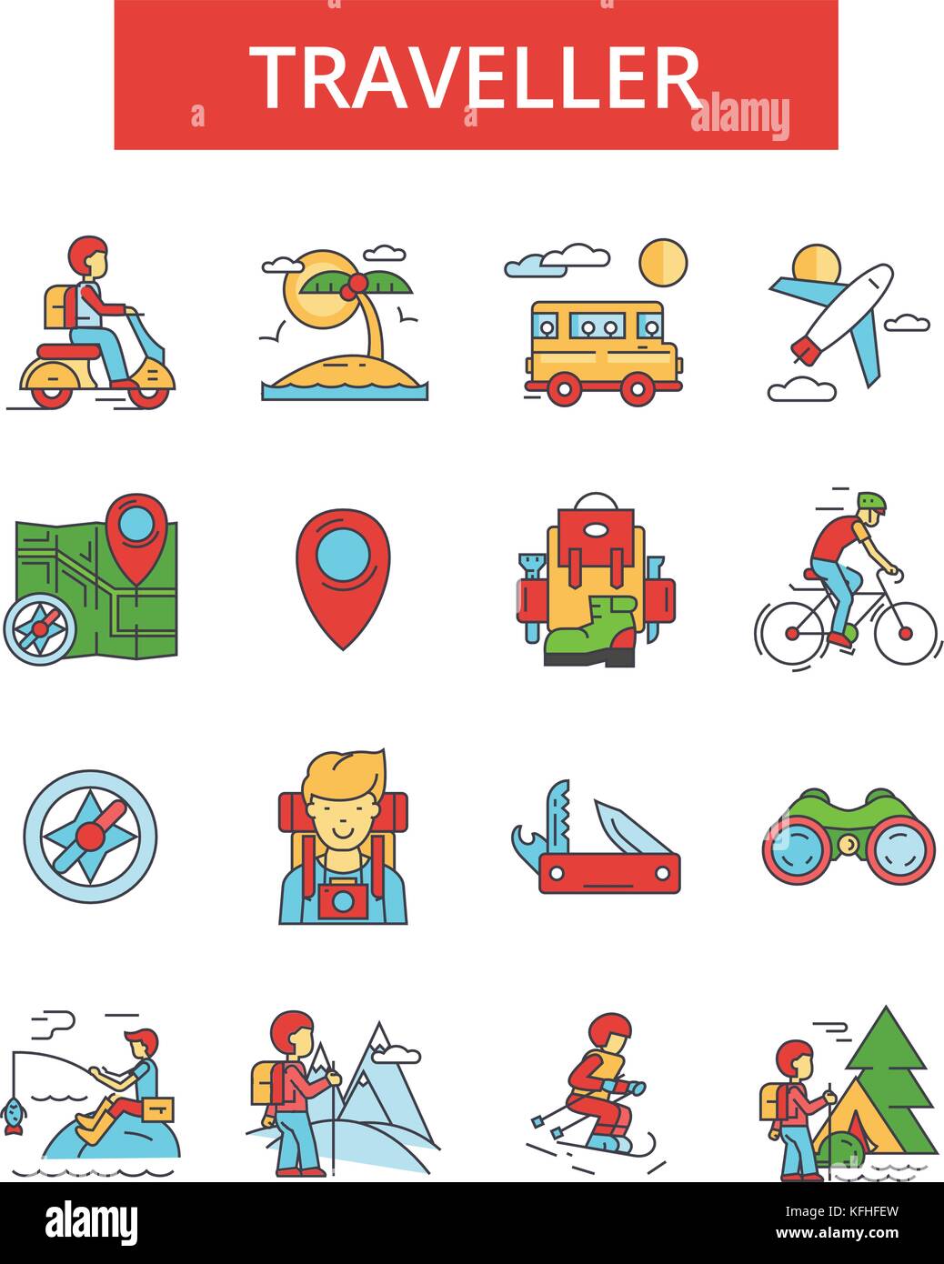 Traveller illustration, thin line icons, linear flat signs, vector ...