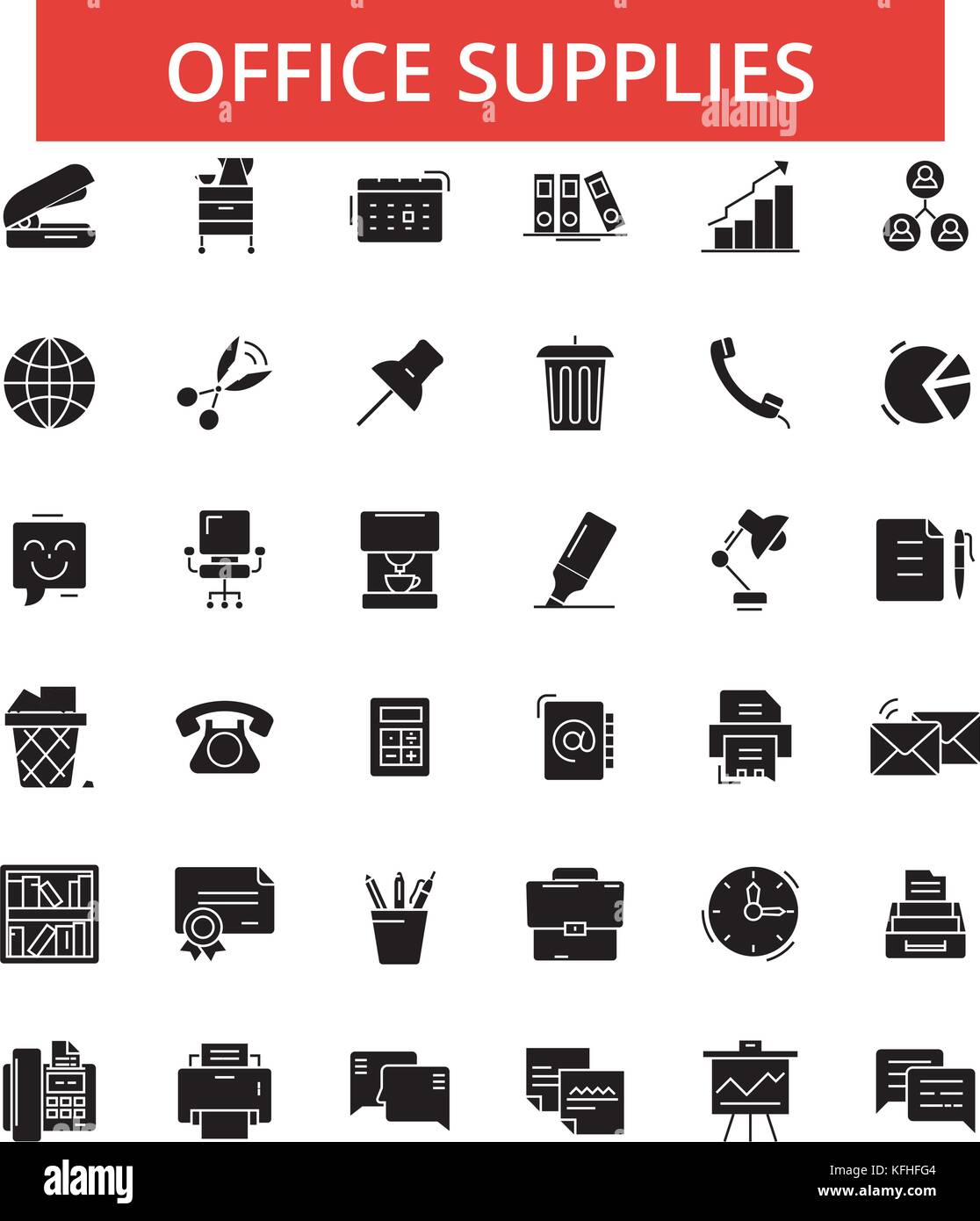 Office supplies illustration, thin line icons, linear flat signs ...