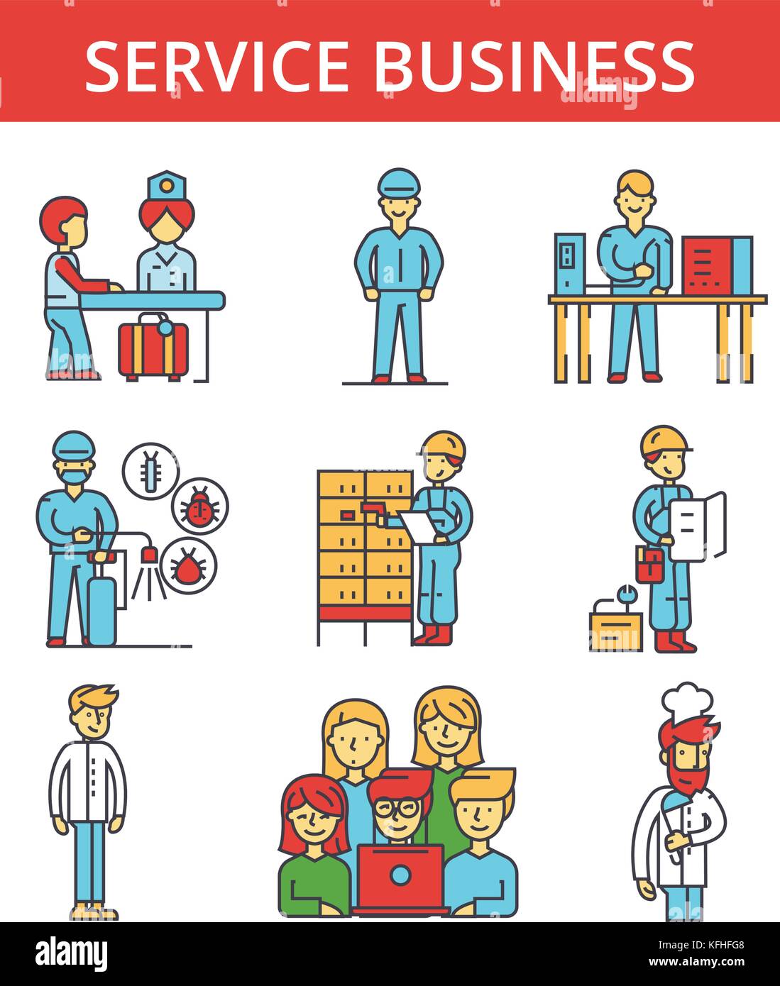 Service business illustration, thin line icons, linear flat signs ...