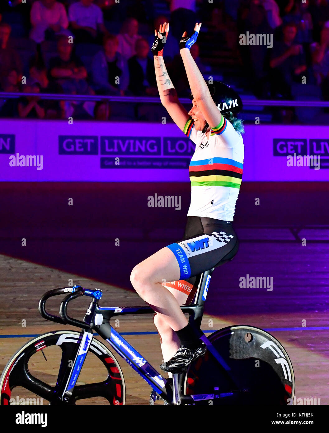 London, UK. 28th Oct, 2017. Rebecca Raybould (GBR) celebrates winning ...
