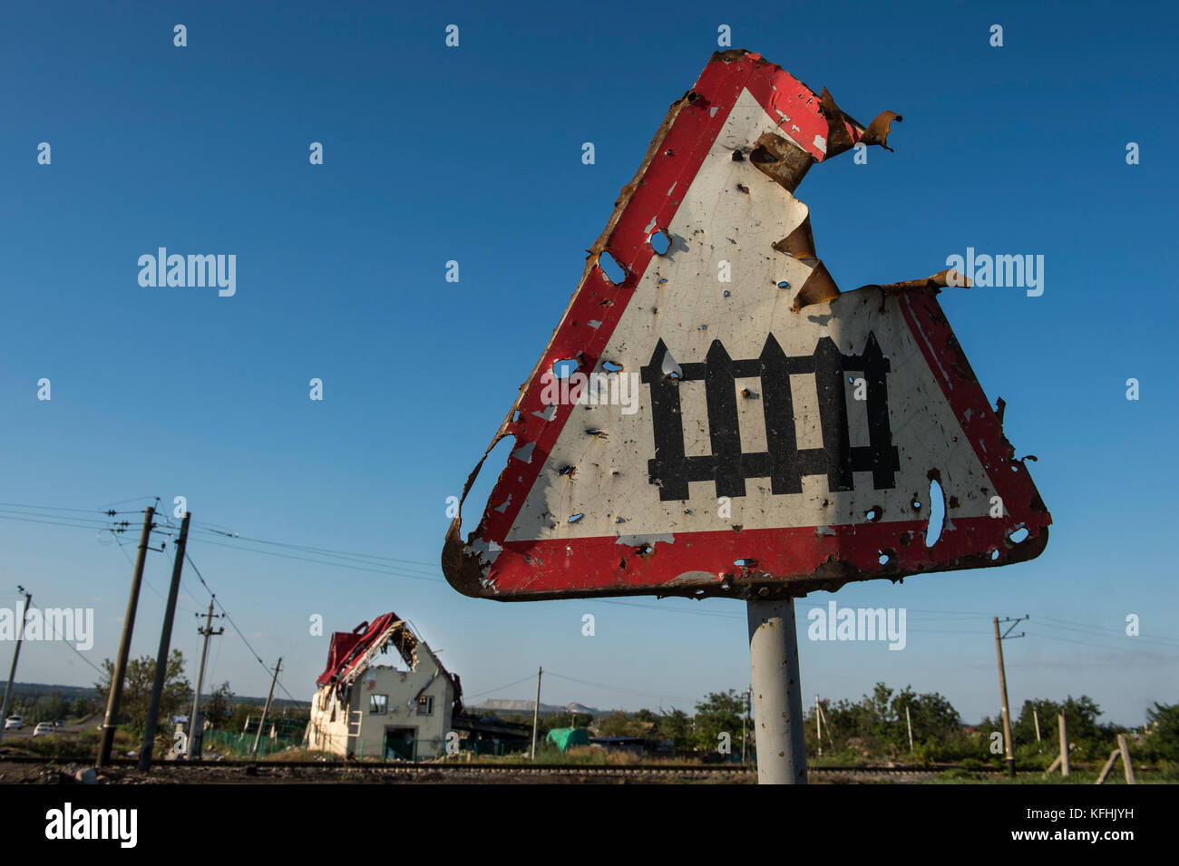 Sloviansk, Ukraine. 20th Aug, 2014. A railway sign seen damaged by the ...