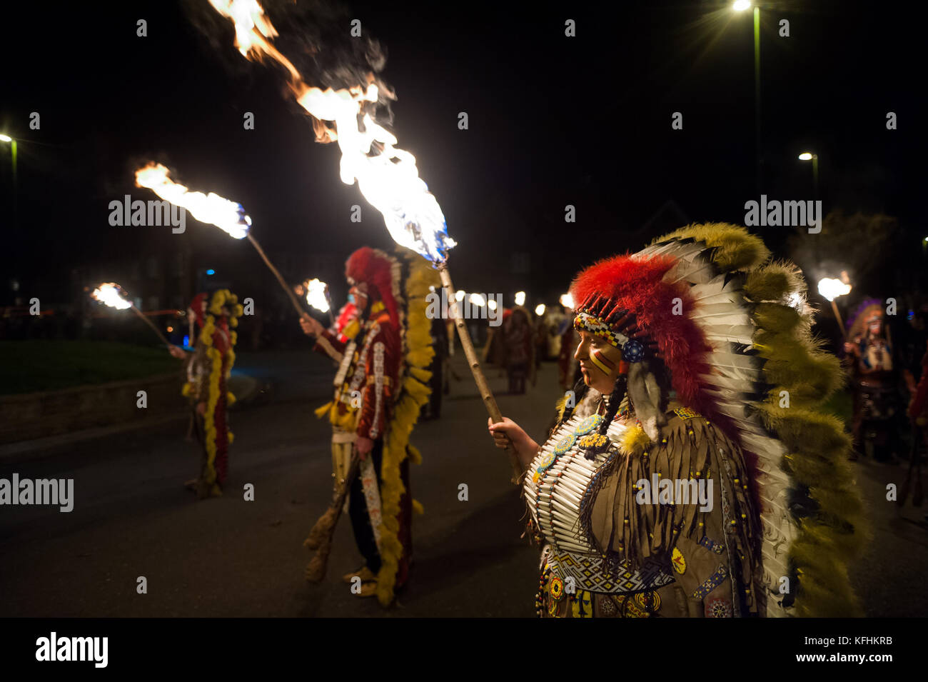 Bonfire Night Celebrations In West Sussex.Dressed in elaborate North ...
