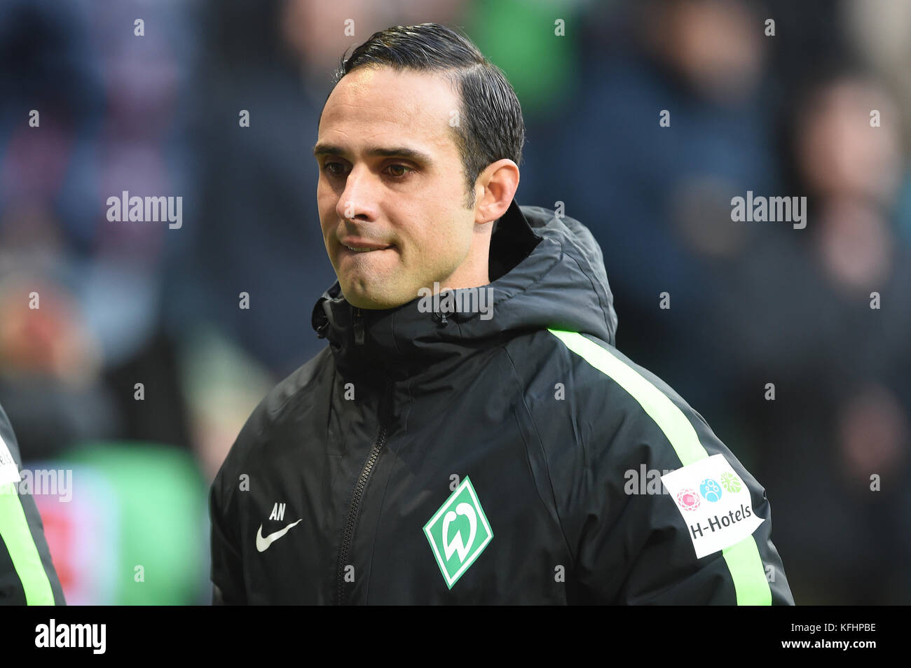 Bremen's goach Alexander Nouri goes into the break during the German ...