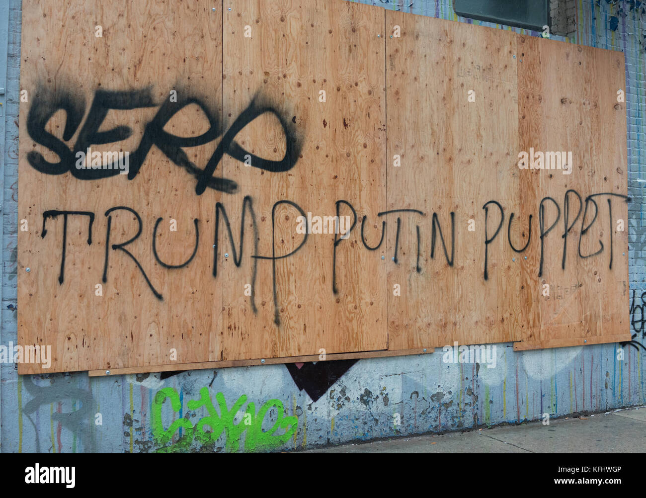 New York, New York, USA. 29th Oct, 2017. Anti-President Trump graffiti ...