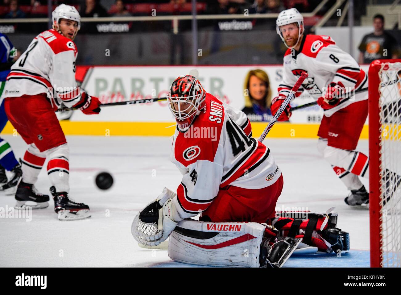Charlotte goalie Jeremy Smith (40) during the AHL hockey game between the Utica Comets and the ...