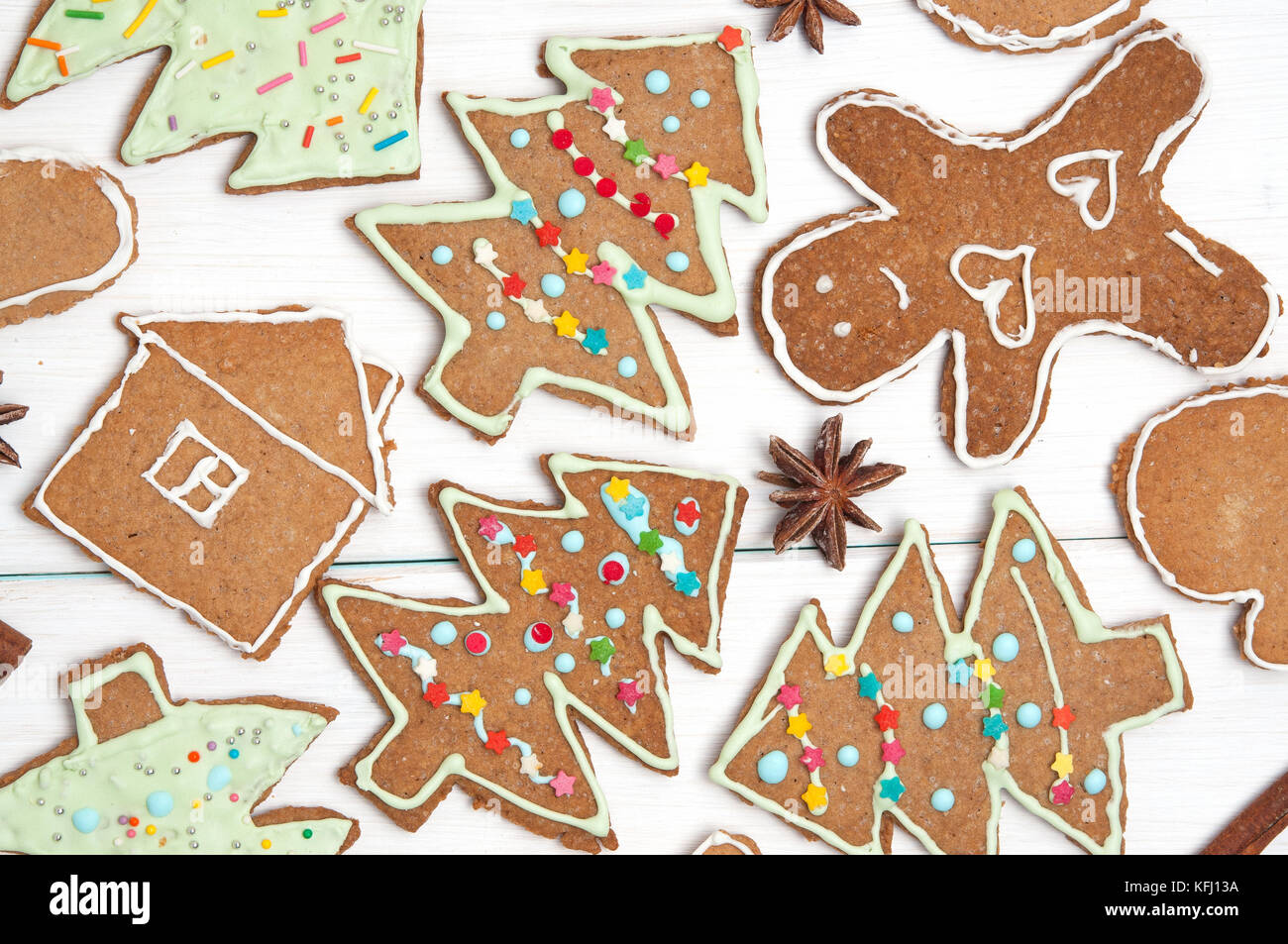 Christmas ginger cookies of different shapes. Xmas trees and men on ...
