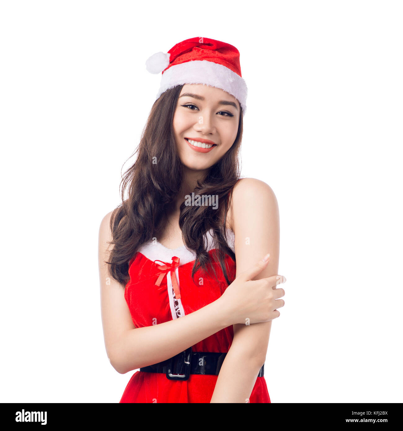 Christmas Woman. Beauty Asian Model Girl in Santa Costume isolated on ...