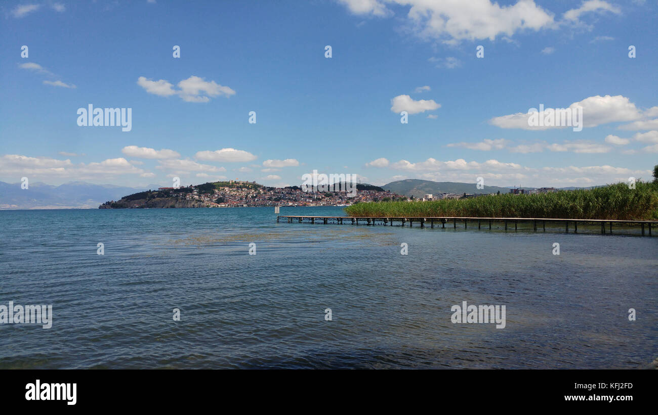Ohrid Lake and the beaches around the lake with the background scene of ...