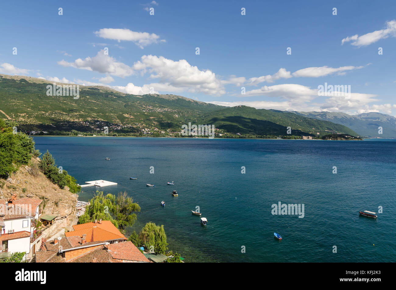 Ohrid Lake and the beaches around the lake with the background scene of ...