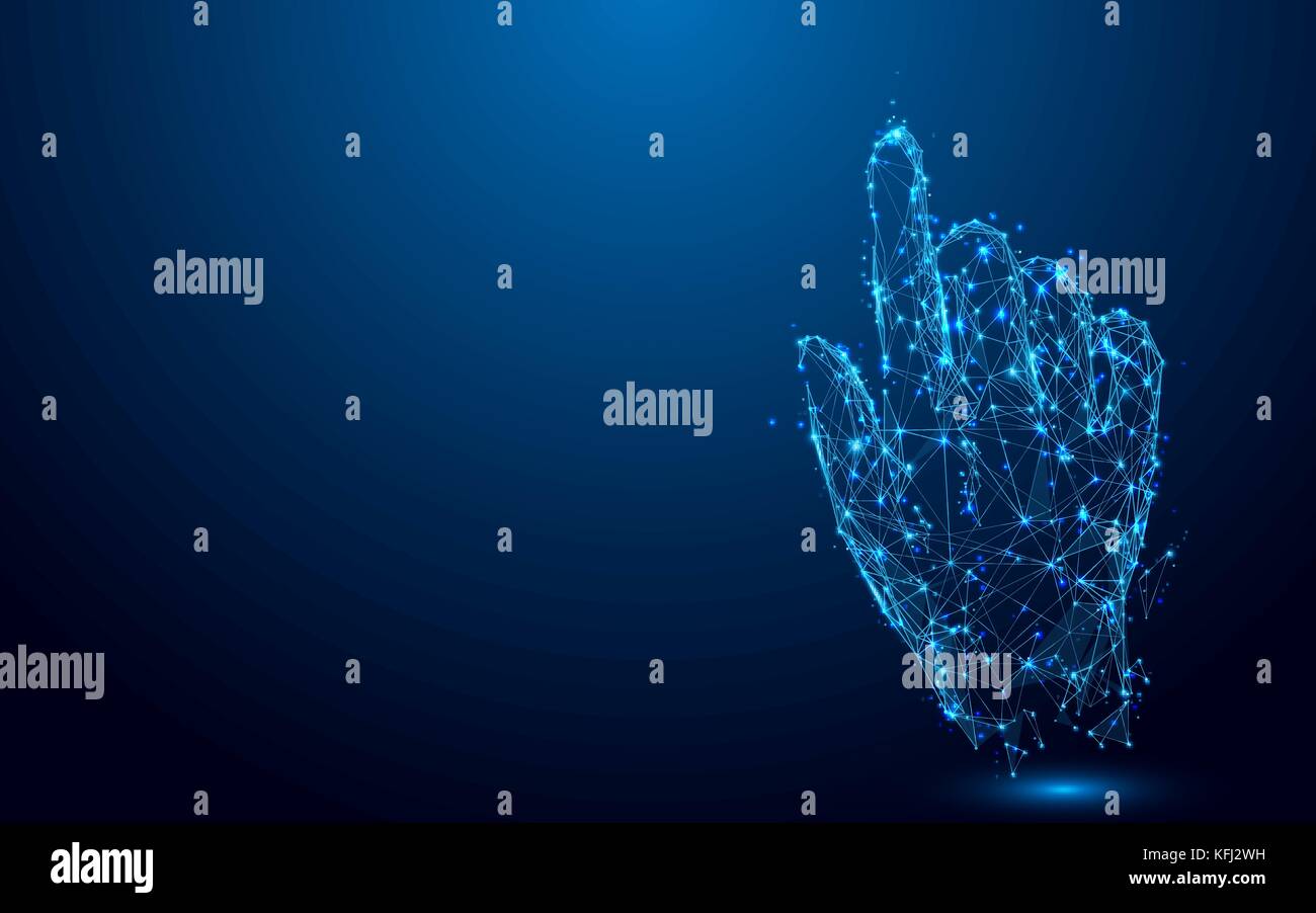 Hand touch something from lines and triangles, point connecting network on blue background ...