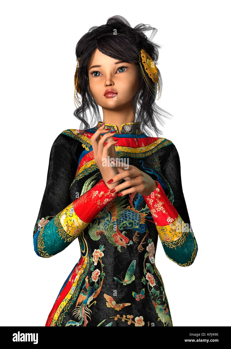 3D rendering of a beautiful princess of Chine isolated on white ...