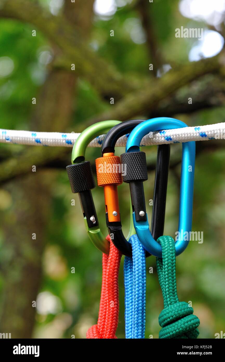 Carabiner with rope on nature background. Climbing uquipment.Climbing ...