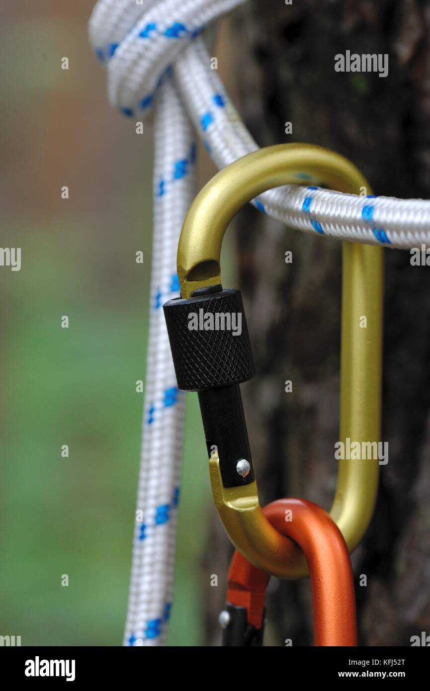 Carabiner with rope on nature background. Climbing uquipment.Climbing ...