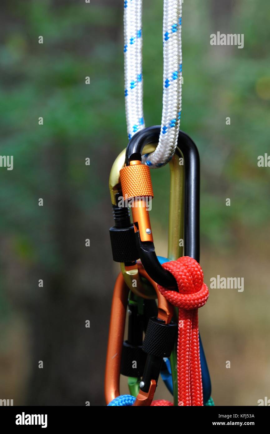 Carabiner with rope on nature background. Climbing uquipment.Climbing ...