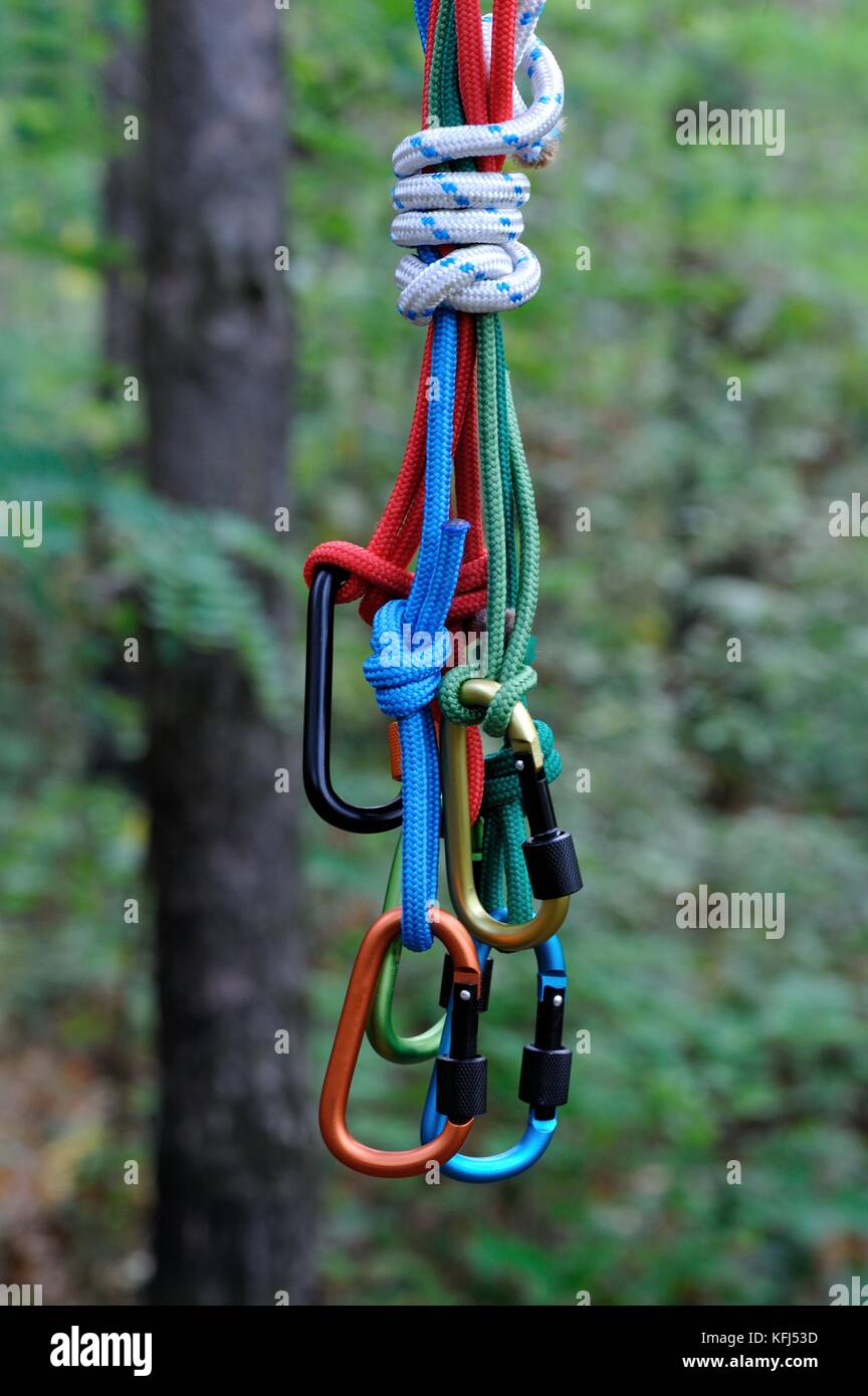 Carabiner with rope on nature background. Climbing uquipment.Climbing ...