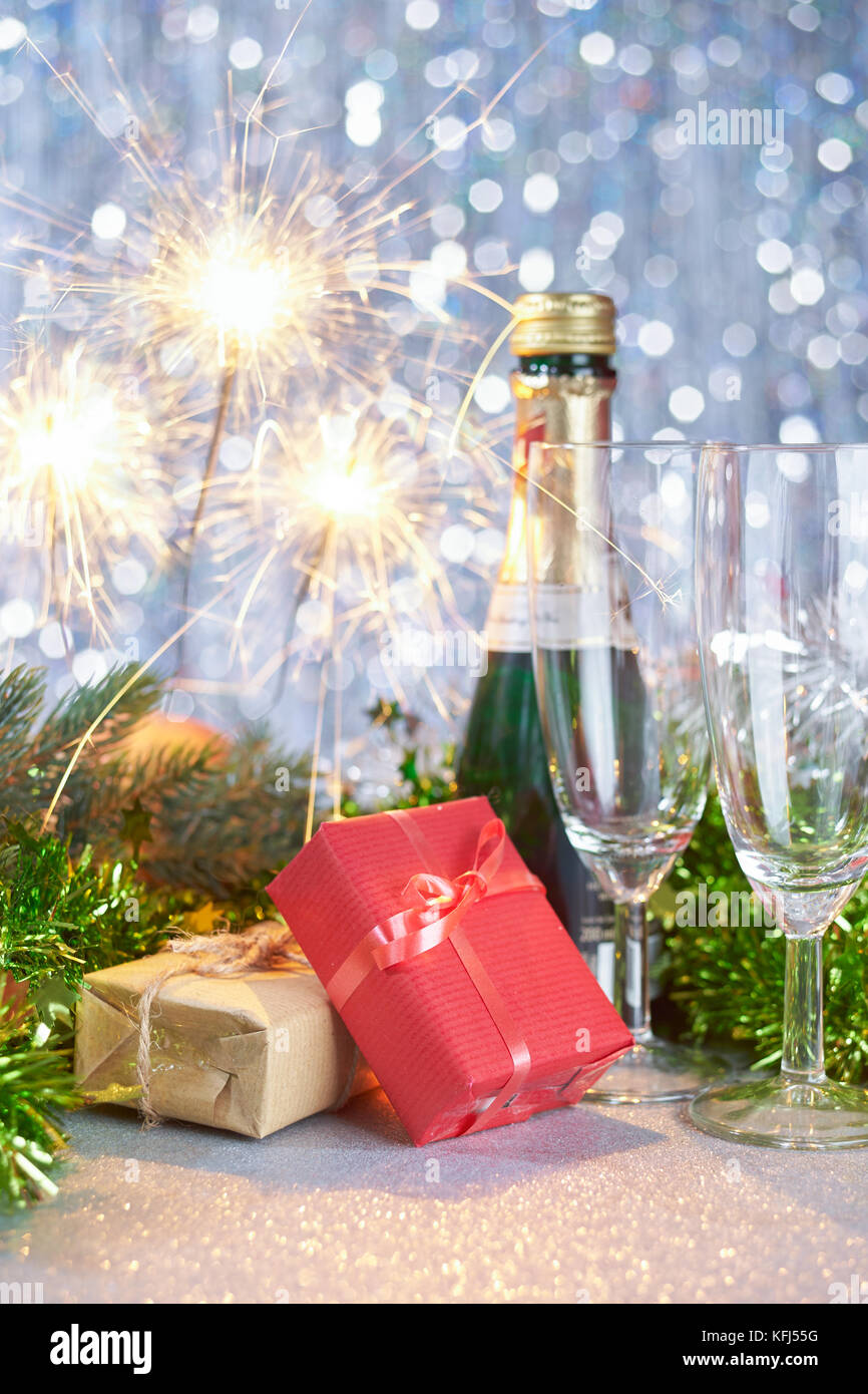 Still life of New Year Eve celebration with champagne and lights Stock ...