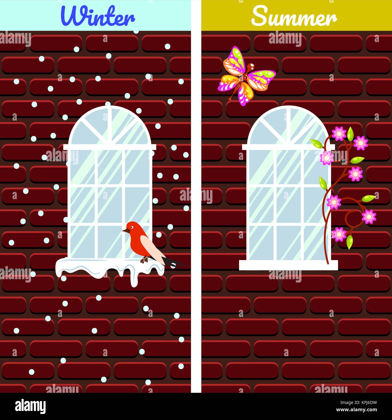 Windows on red brick wall building winter and summer comparison Stock ...