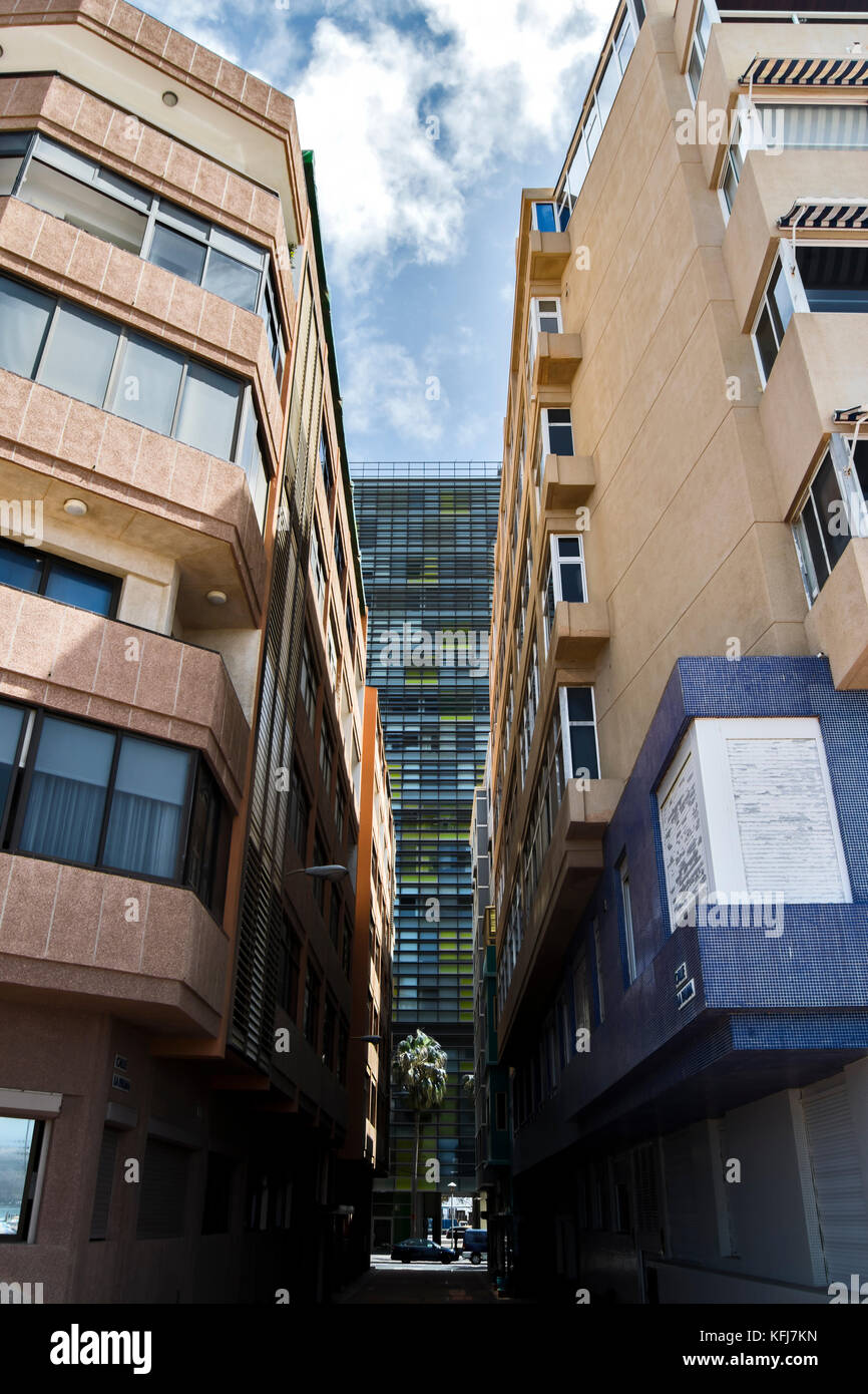 a view on Woermann tower between two buildings in Las Palmas city in ...