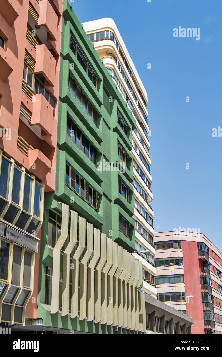 a view on colorful modern buildings in Las Palmas city in Gran Canaria ...