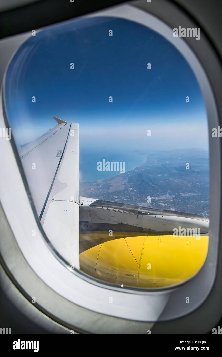 an aerial view on panorama viewed trough a window of an airplane Stock ...