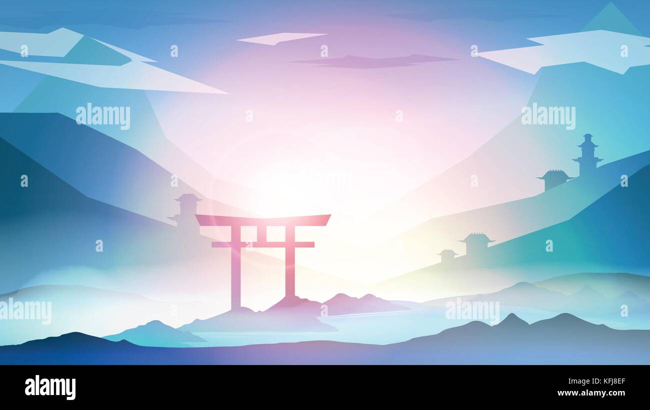 Japanese Landscape Background with Mountains and Arch Sunset with Fog ...