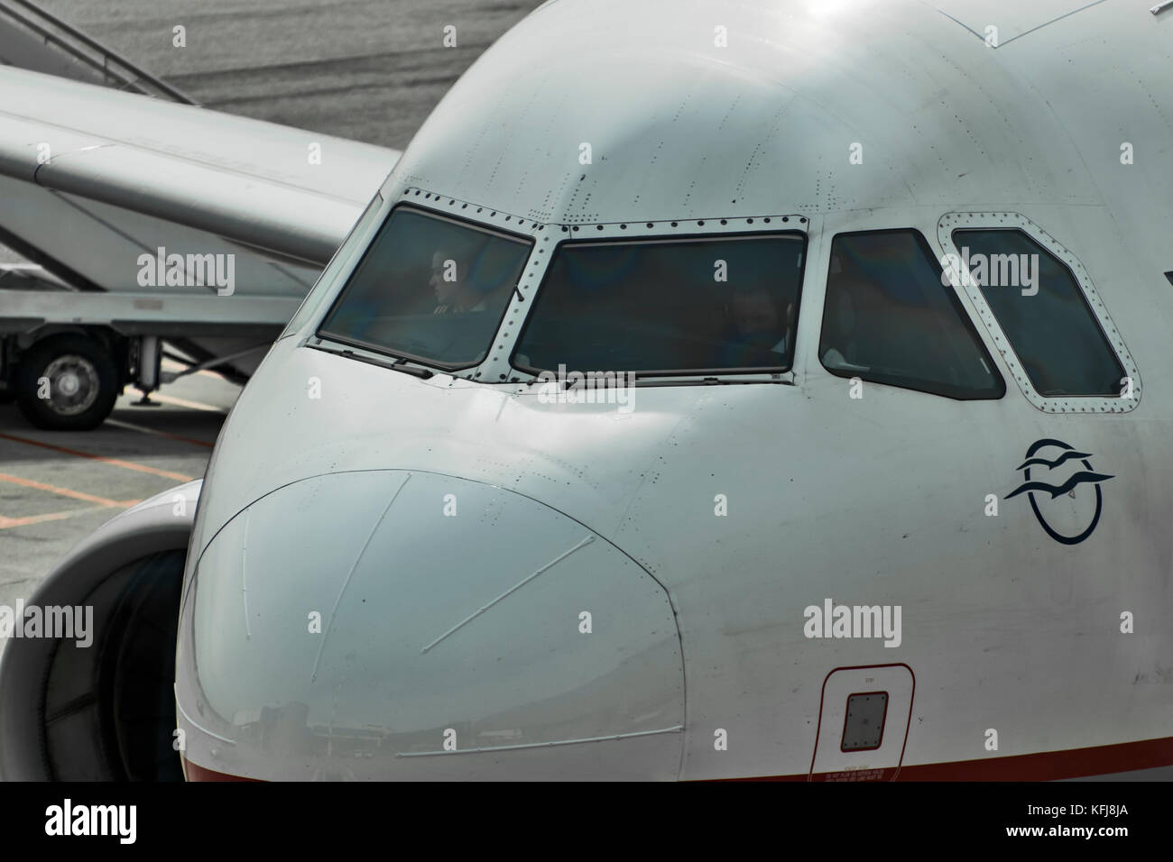 a view on Airbus A320 at gate in Milan Malpensa airport, ready for ...