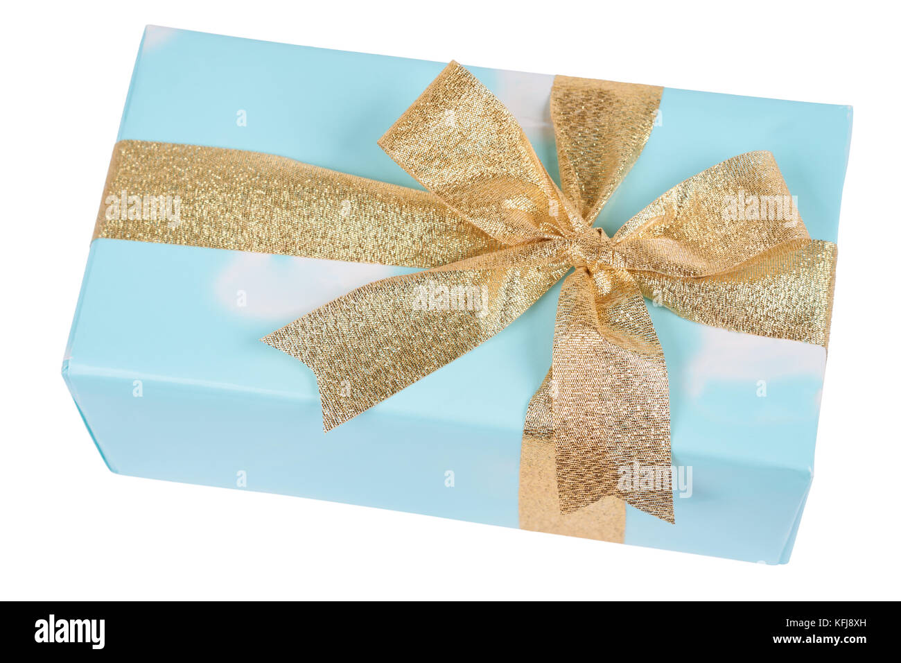 Upper view on blue box with present tied by golden ribbon isolated on ...