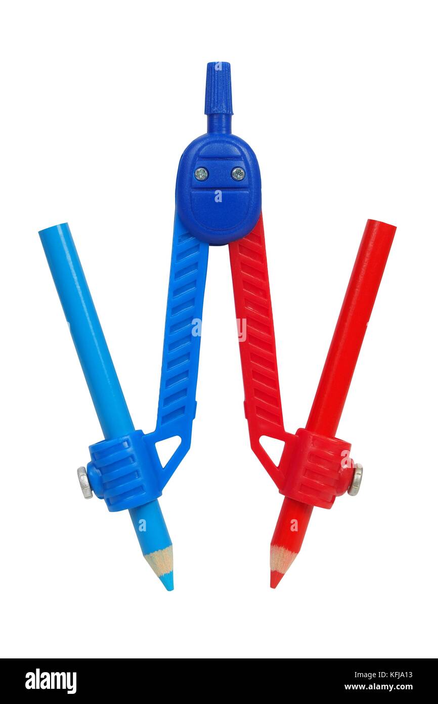 Drawing compass with blue and red pencils isolated on white Stock Photo ...