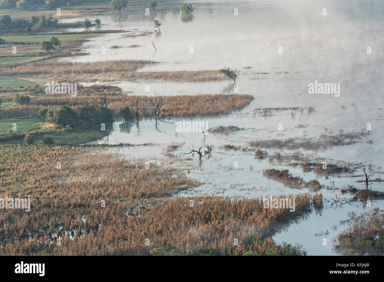 A flooded farm field consumed by Presa Isabel Allende lake outside the ...