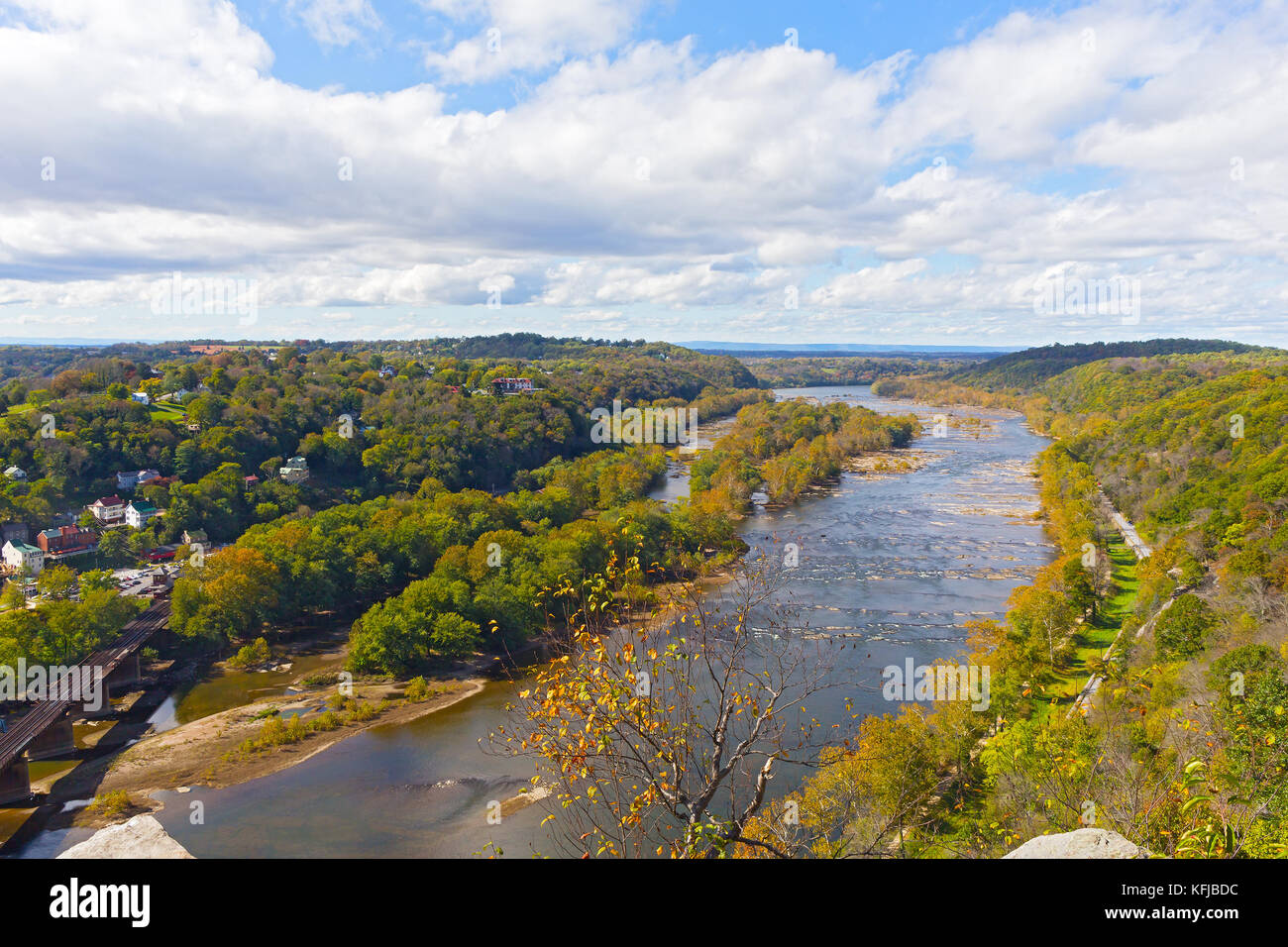 Aerial view on a trail along Potomac River and buildings near Harpers ...