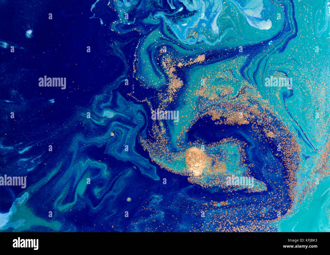 Marbled blue abstract background with golden sequins. Liquid marble ink ...