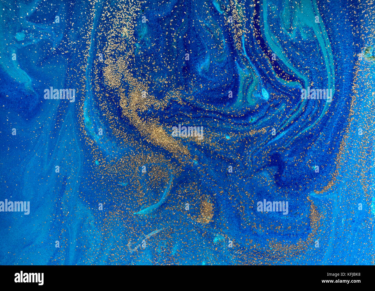 Marbled blue abstract background with golden sequins. Liquid marble ink ...