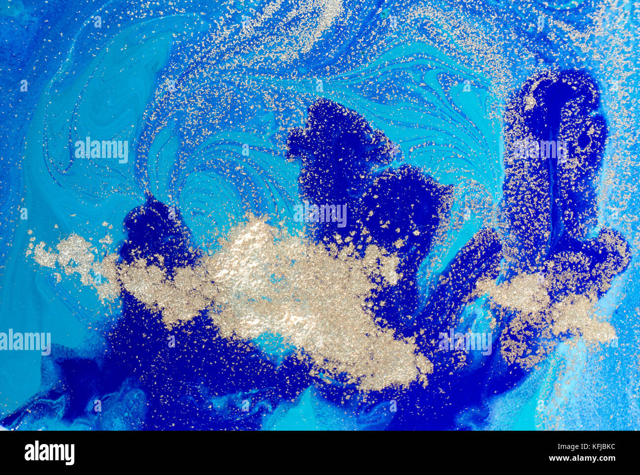 Marbled blue abstract background with golden sequins. Liquid marble ink ...