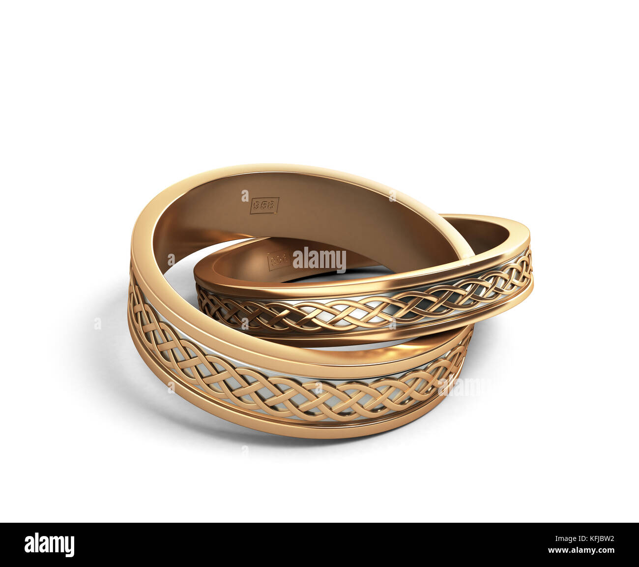 3d render Gold wedding rings engraved isolated on white Stock Photo - Alamy