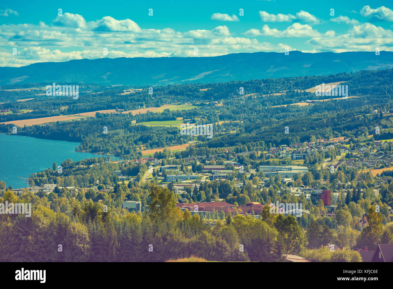 Panoramic view of the fjord. Aerial view of Gjovik city. Beautiful ...