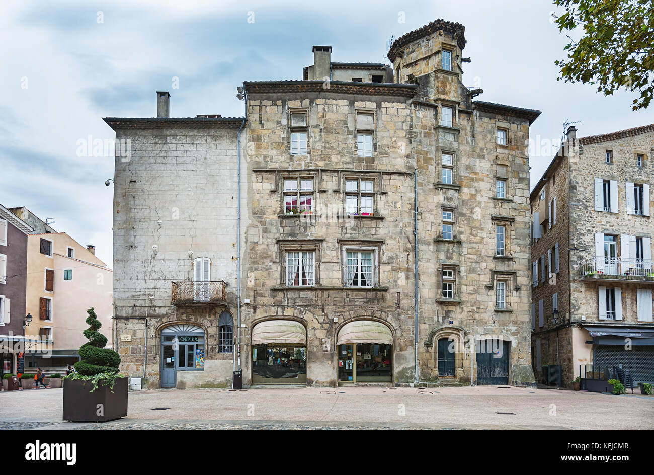 Aubenas, France, September 18, 2016: Historic buildings in the old town ...