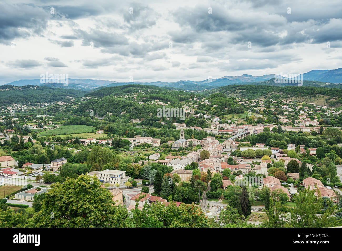 Panorama on the city of Aubenas in the Ardeche region in France with in ...