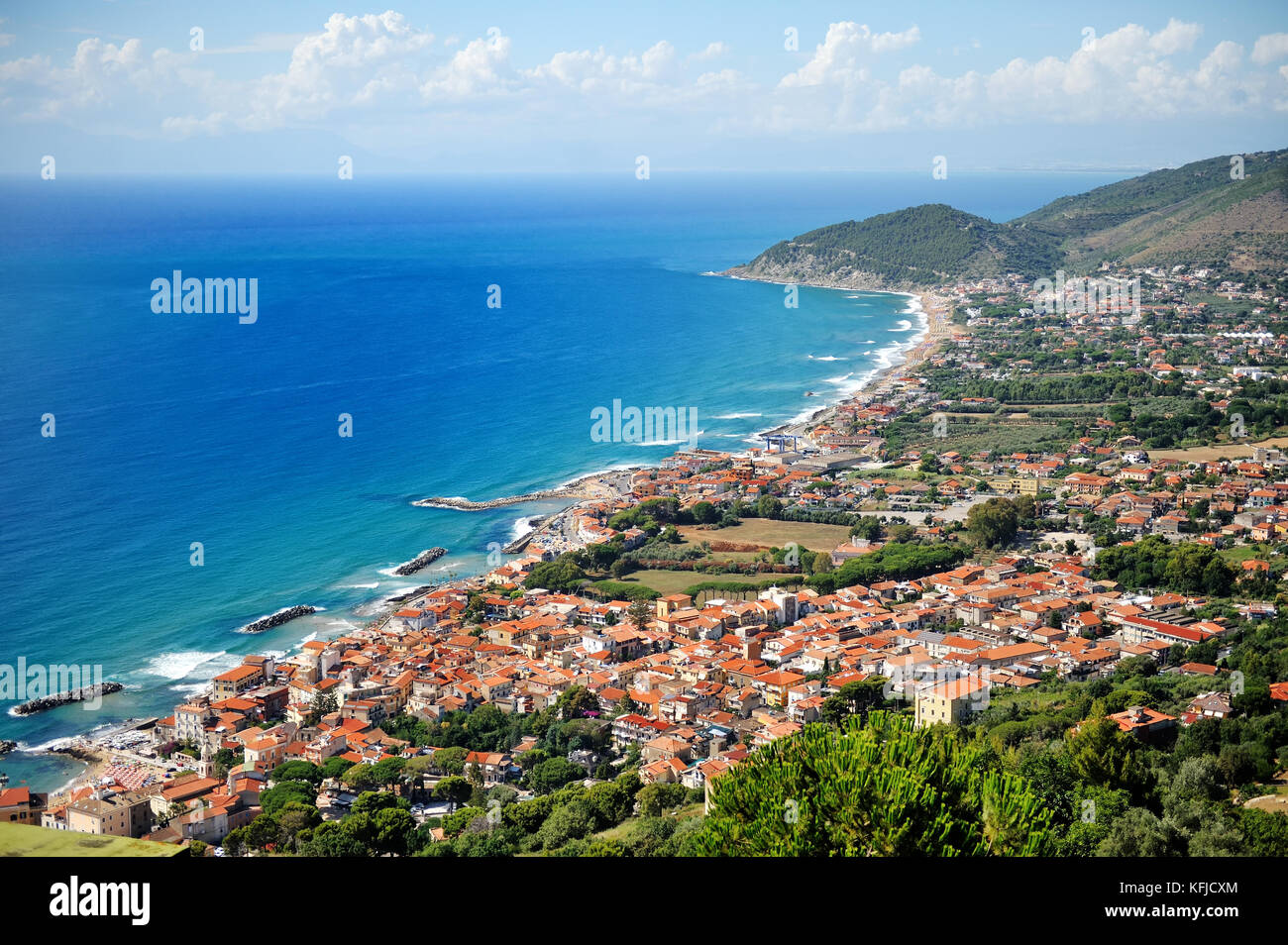 Italy, Cilento, Castellabate - panoramic day view of the city and ...