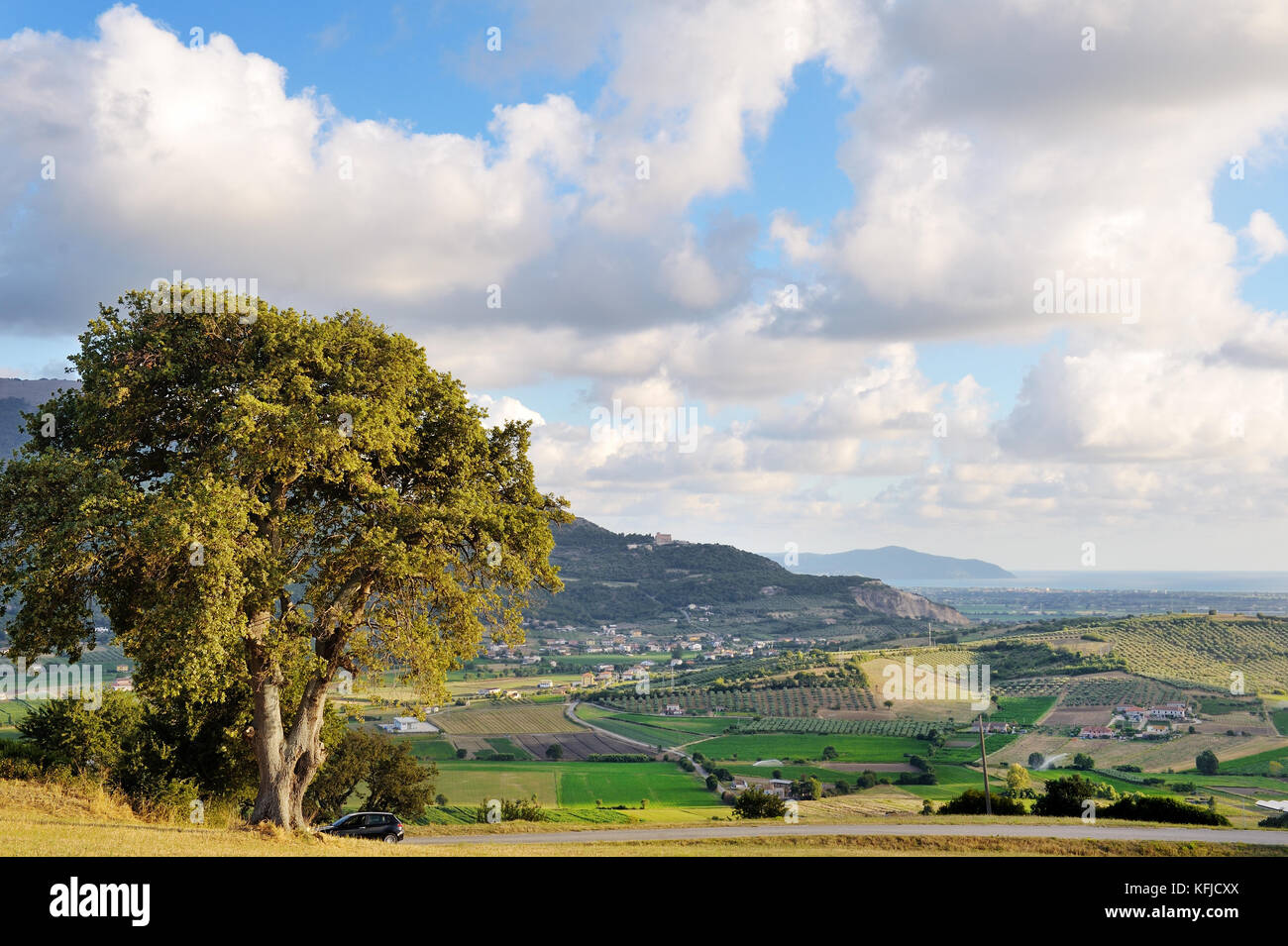 Panoramic view of the green hills and lands near Castellabate, Cilento ...