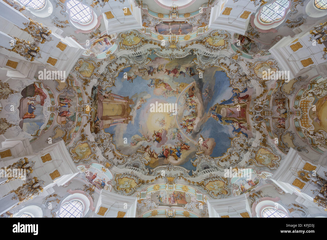 Vertical view of the ceiling in the Pilgrimage Church of Wies painted ...
