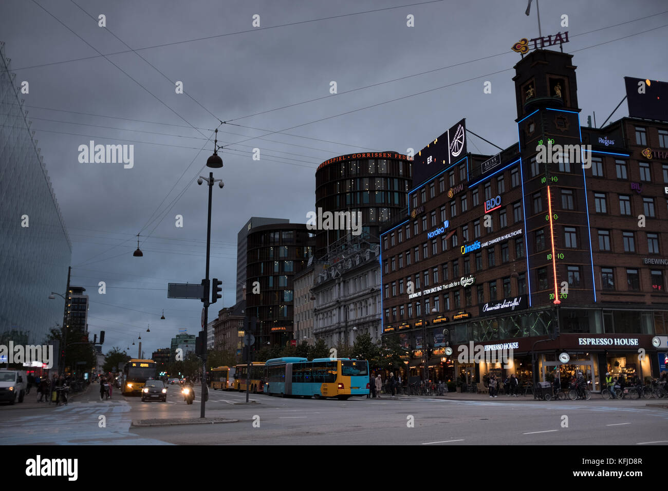 Night view of Vesterbrogade, a major boulevard in Copenhagen, Denmark ...