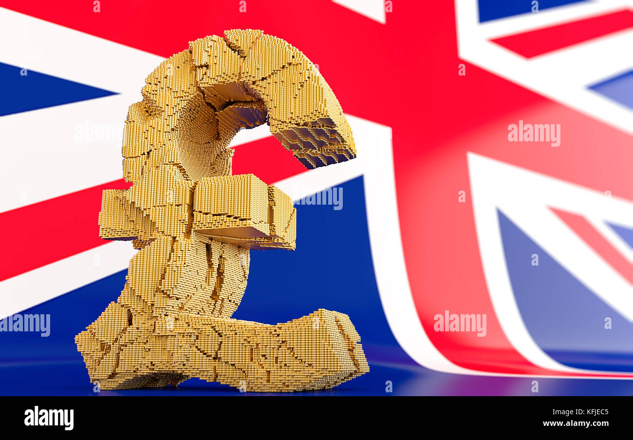 BREXIT - broken pound sign made of tiny golden cubes on a united ...