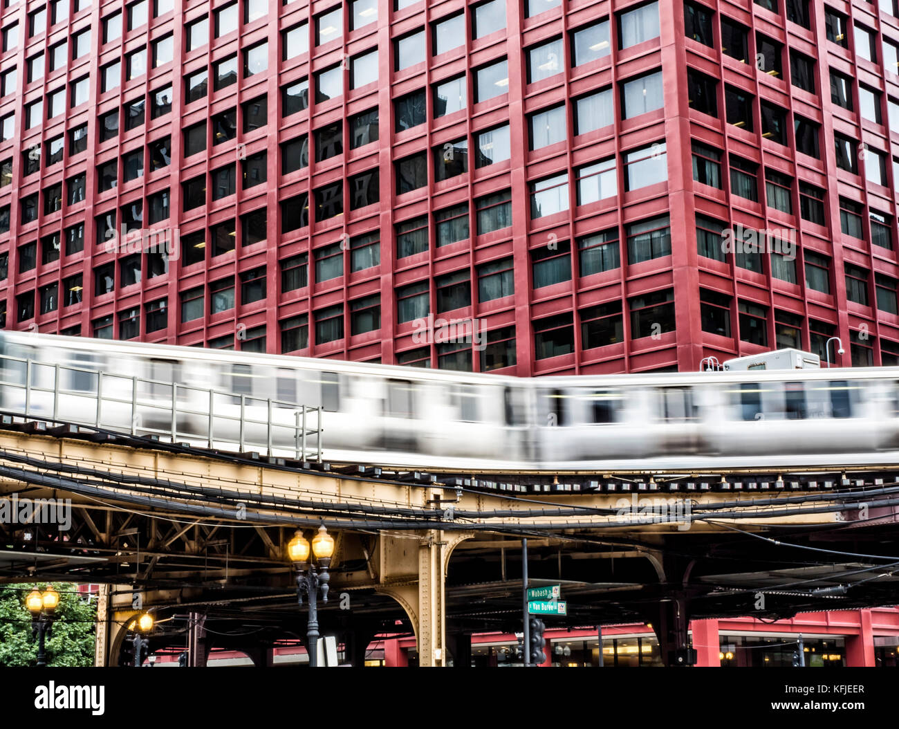Train on elevated tracks within buildings at the Loop, Chicago City ...