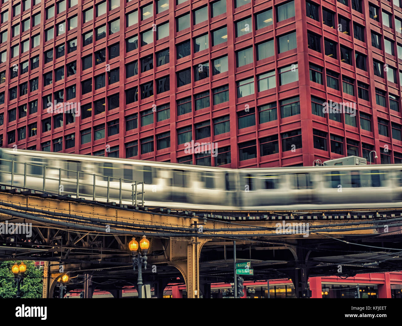 Train on elevated tracks within buildings at the Loop, Chicago City ...
