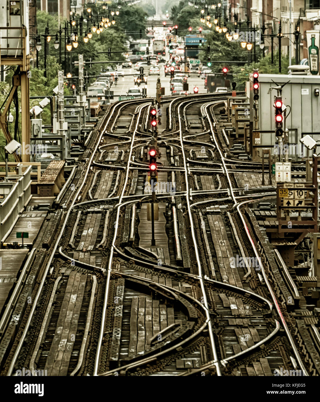 Elevated Train Tracks above the streets between buildings at The Loop ...